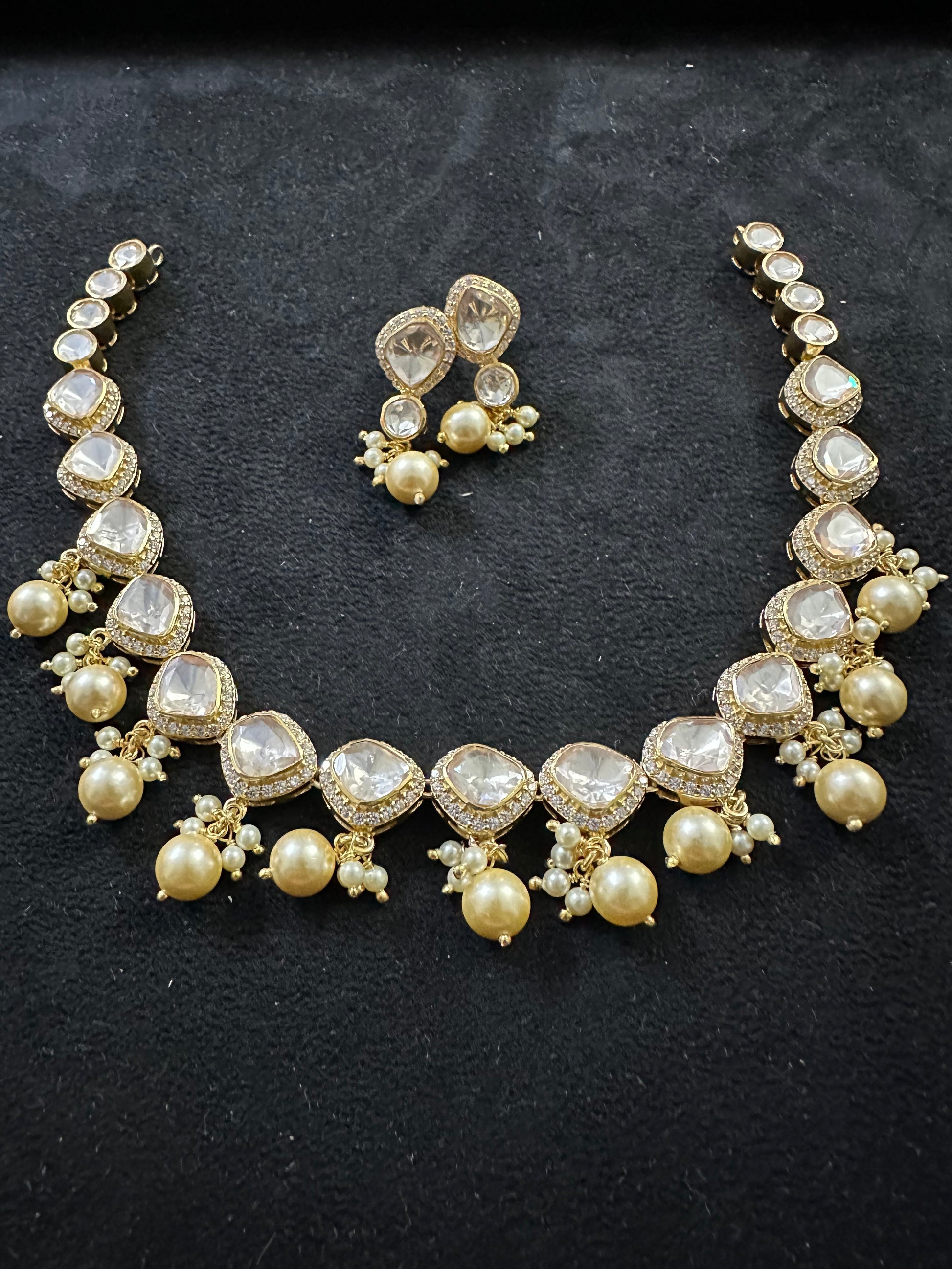 925 Silver Moissanite Polki Pearl Necklace Set – Sica Jewellery